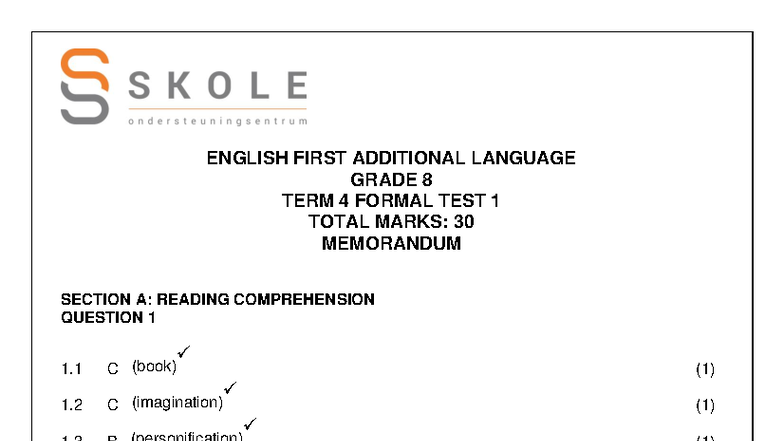 ENGLISH FAL GRADE 8 TERM 4 FORMAL TEST 1 MEMO (30 MARKS) - Studocu