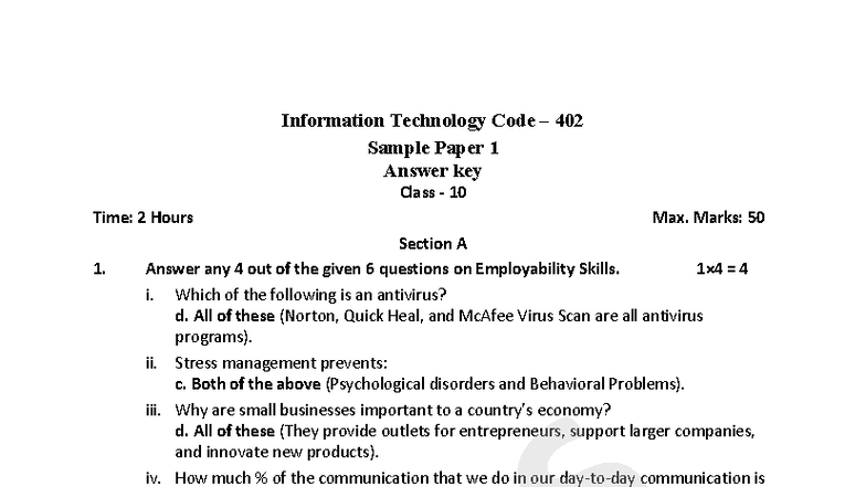 IT 402 Class 10 Sample Paper 1 Answer Key and Solutions - Studocu
