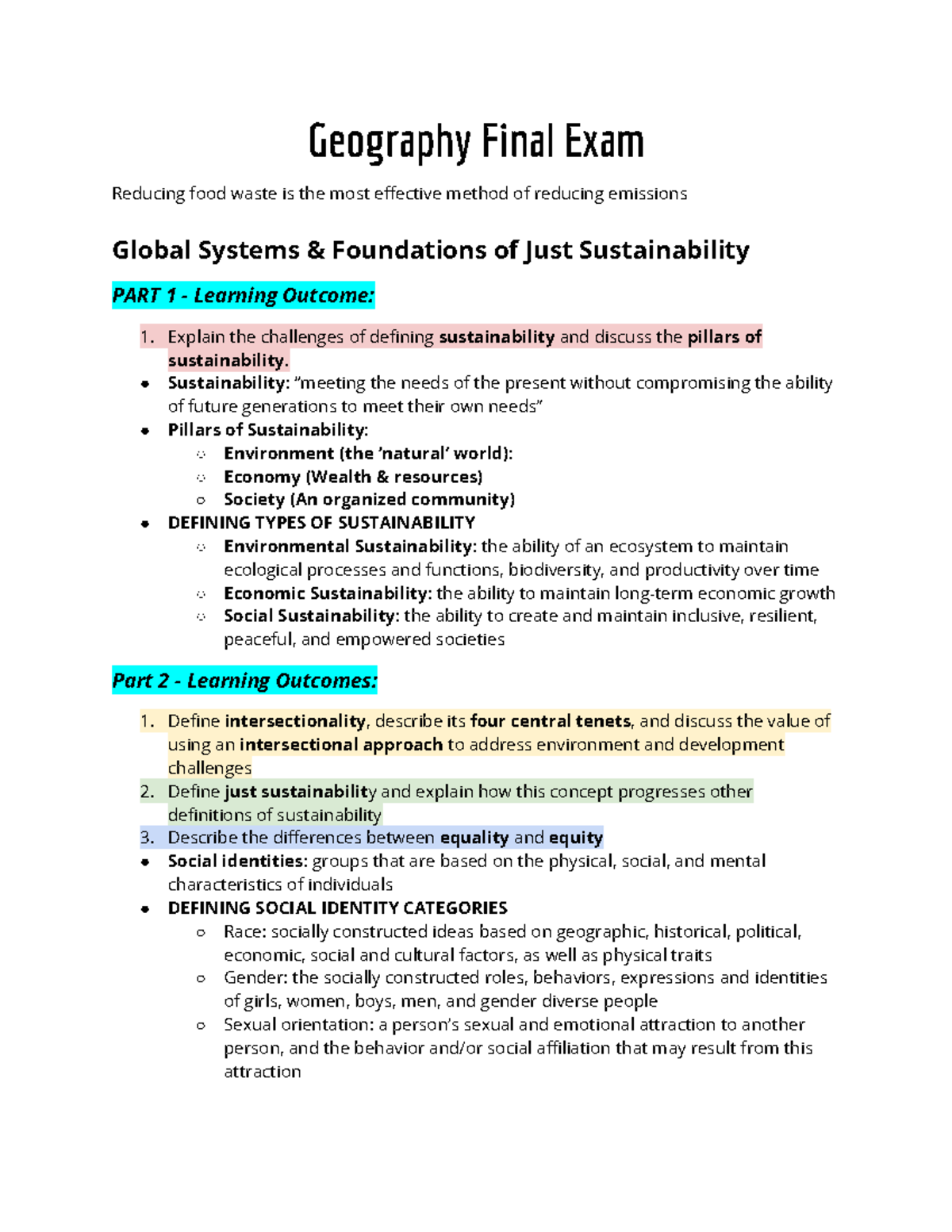 Geography Final Exam: Sustainability, Intersectionality, and Climate ...