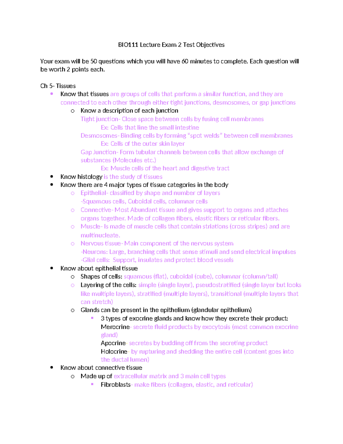 Lecture Exam 2 Study Guide: Tissues, Integumentary & Skeletal Systems ...