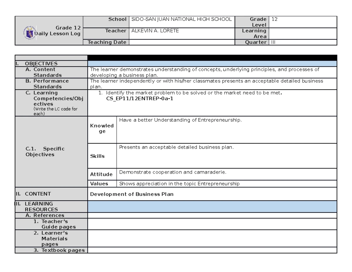 Entrep lesson plan day 1 - Grade 12 Daily Lesson Log School SIDO-SAN ...