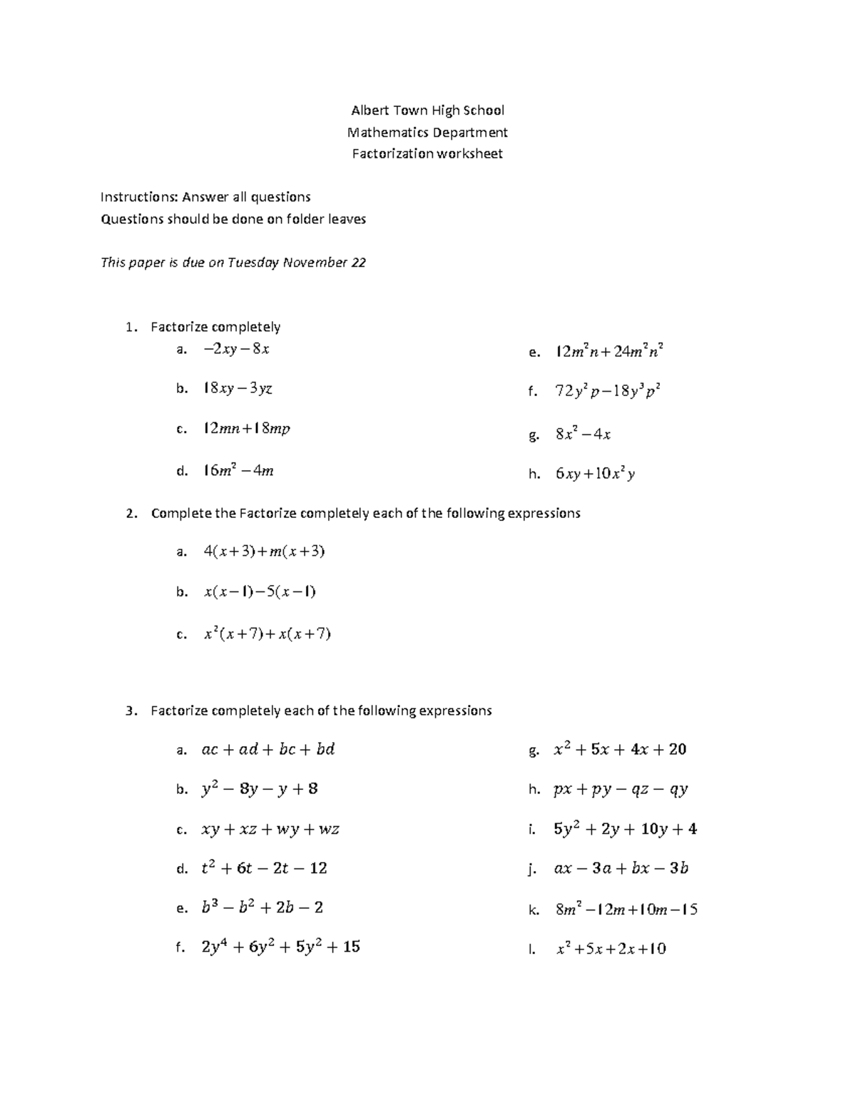 Mathematics Dept. Factorization Worksheet - Albert Town High School ...