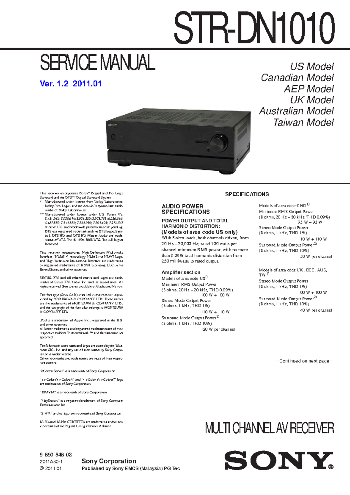 Sony STR-DN1010 Service Manual Ver. 1.2 for Multiple Models - Studocu
