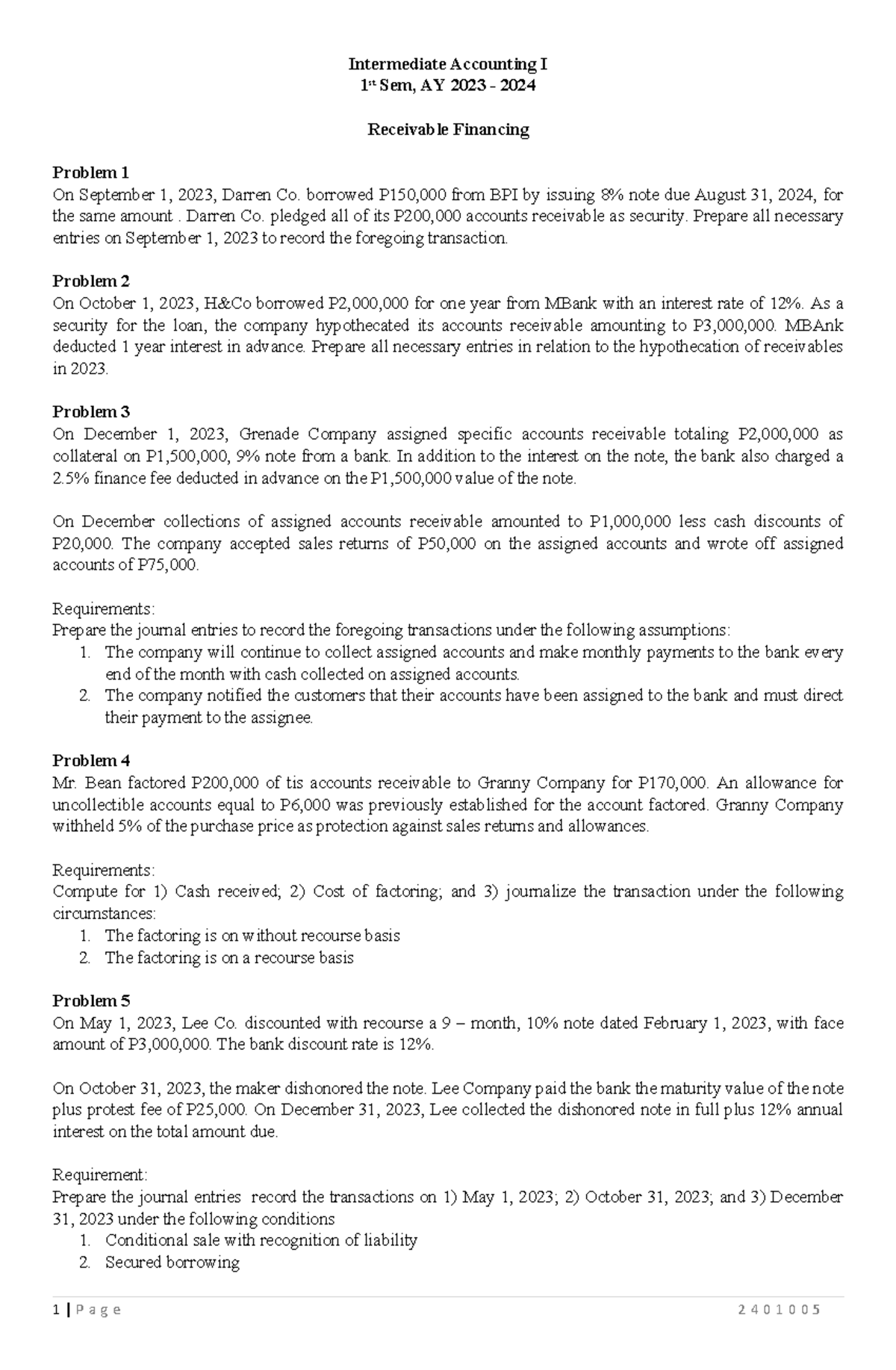 Intermediate Accounting I 2401005: Receivable Financing Problems and Solutions - Studocu