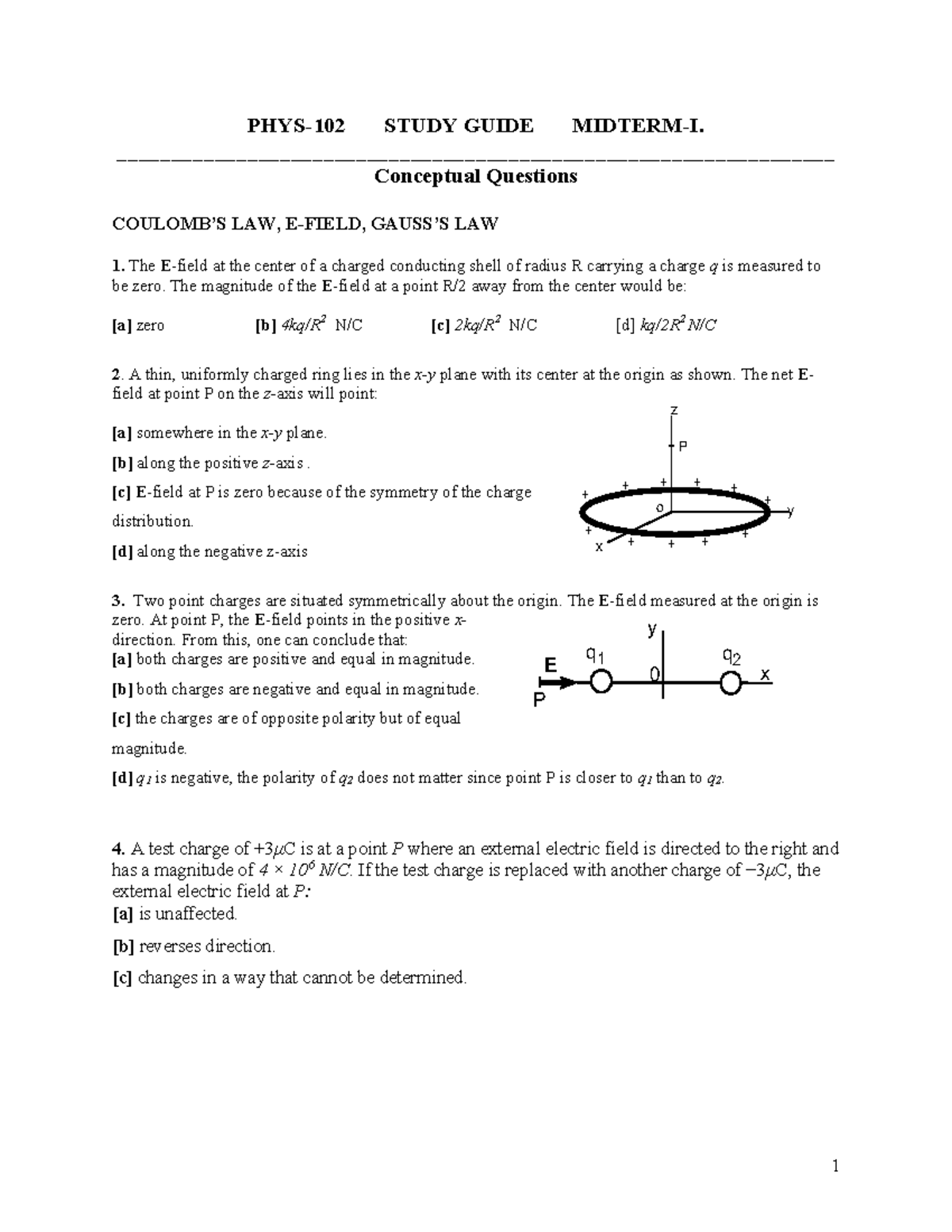 Phys-102 Midterm-I study guide: Conceptual questions on electric fields - Studocu