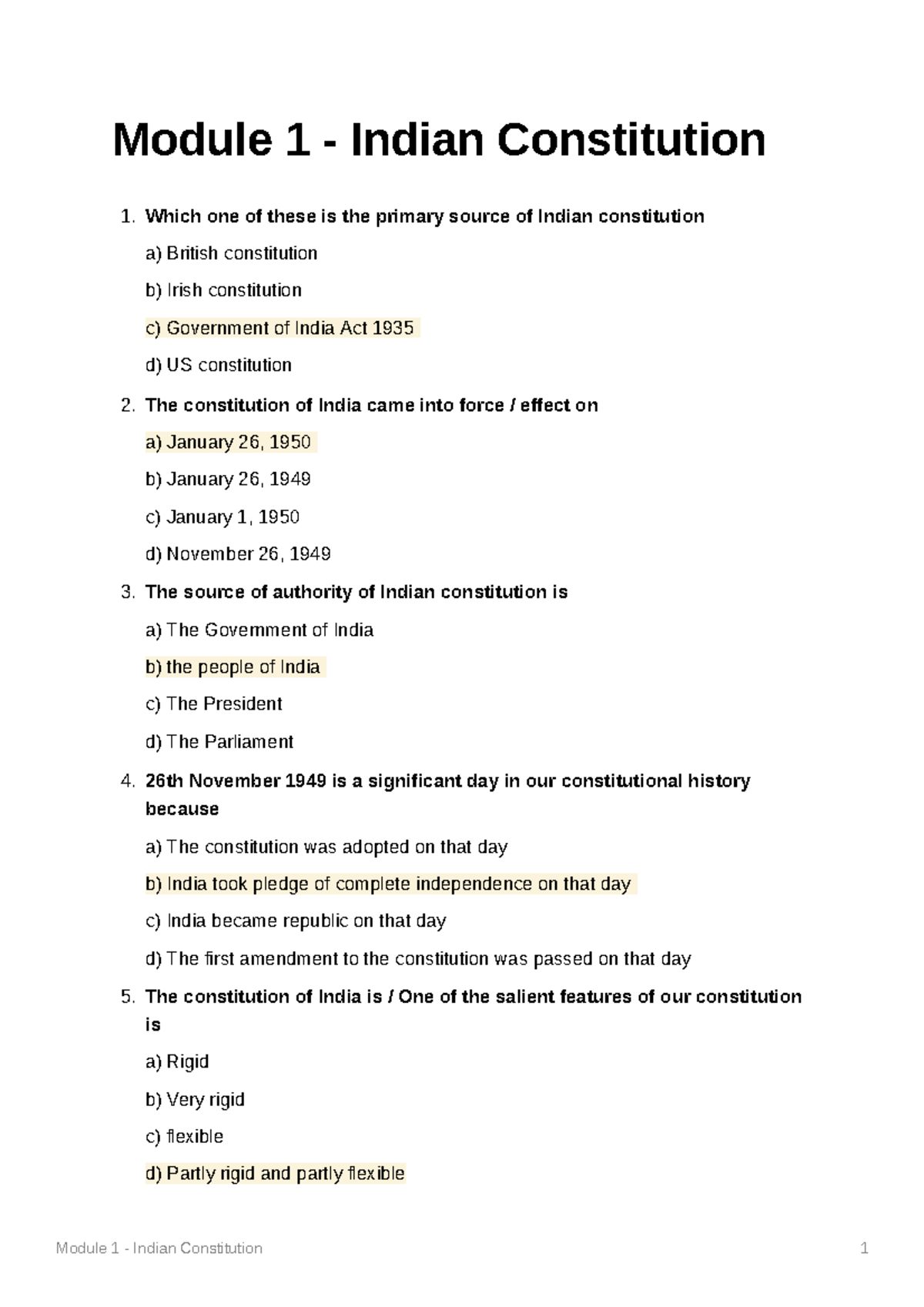 Module 1 - Indian Constitution: Key Concepts and Quiz Questions - Studocu