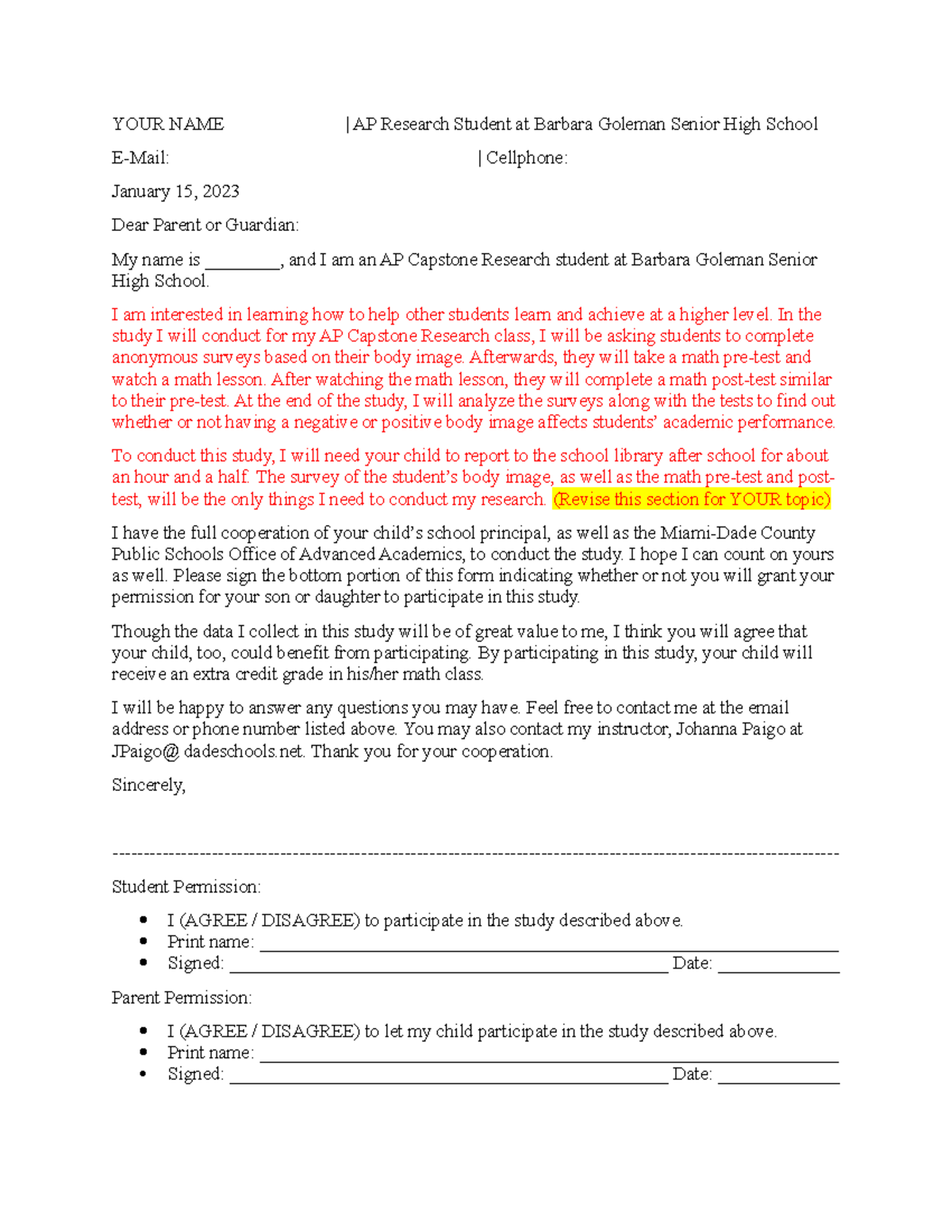 AP Research: Consent Letter for Student Body Image Experiment - Studocu