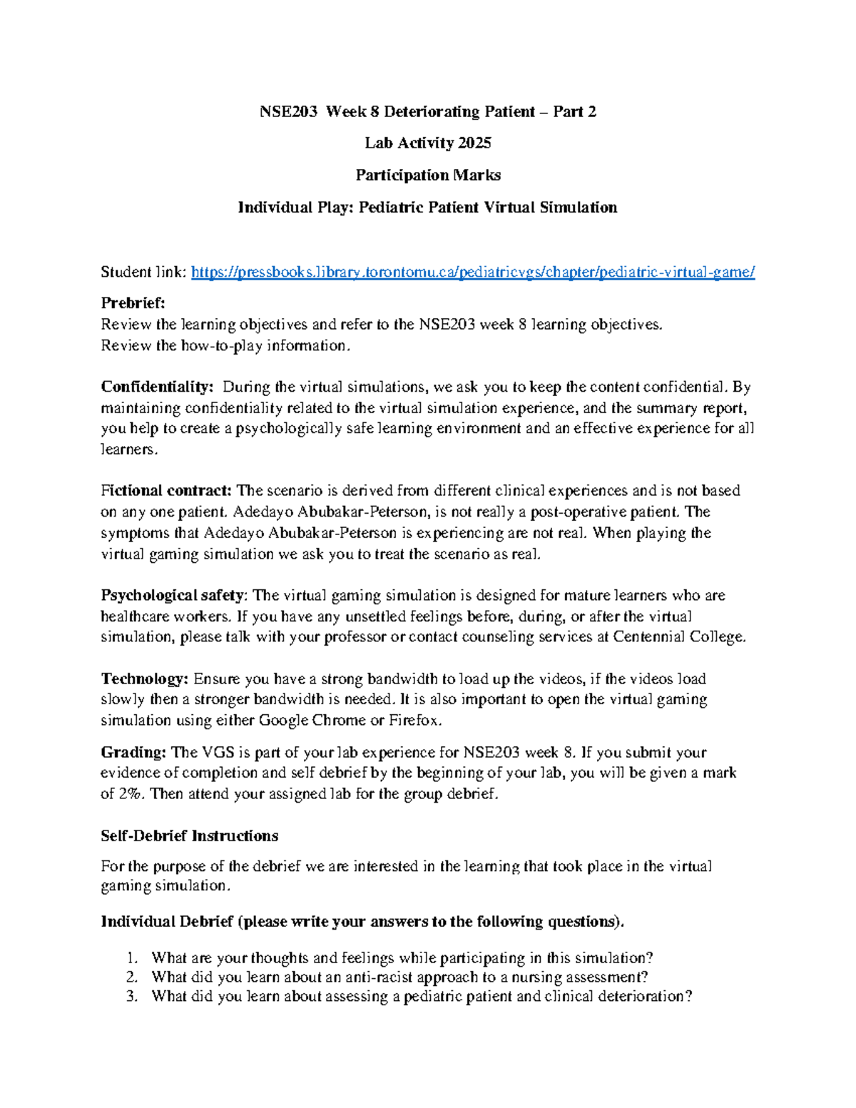 NSE203 Week 8 Pediatric Patient Virtual Simulation Lab Activity - Studocu