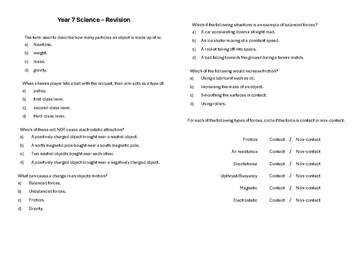 Year 7 Science - Forces and Levers Revision Guide - Studocu