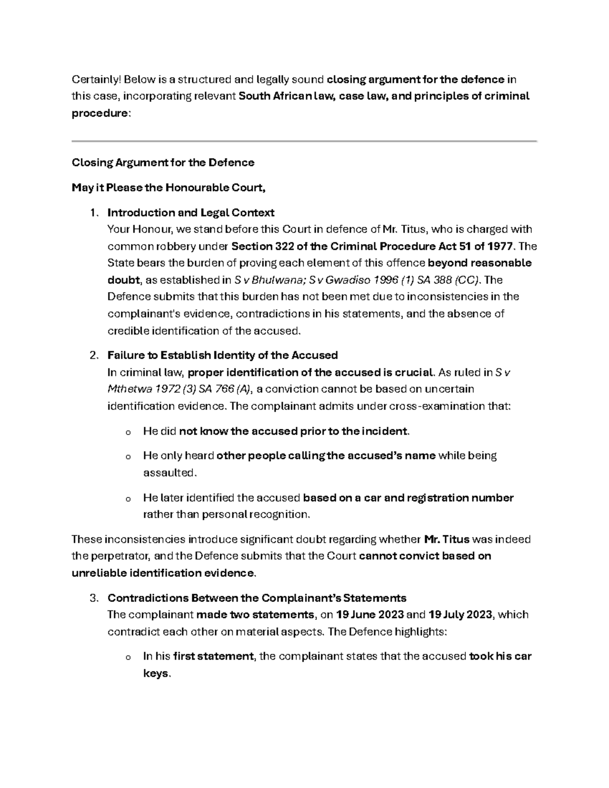 Closing Argument for the Defence: Common Robbery Case (CRIM 322) - Studocu