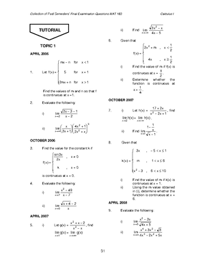 Compilation of Exercises MAT183 - Tutorial 1 Limits Evaluate each of the following limits: (a ...