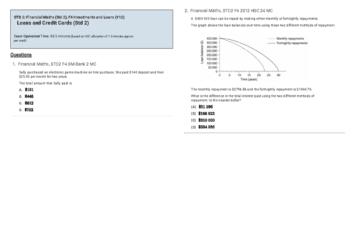 Financial Maths, STD2 F4: Loans & Credit Cards Overview - Studocu
