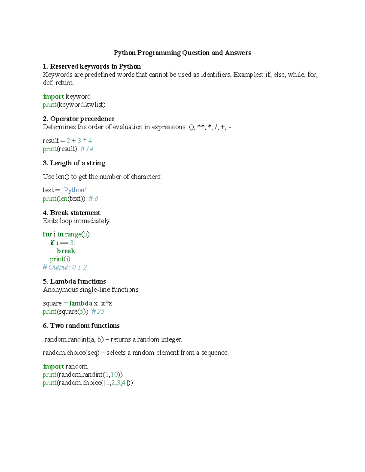 Important Python Q&A for Programming 101 - Studocu