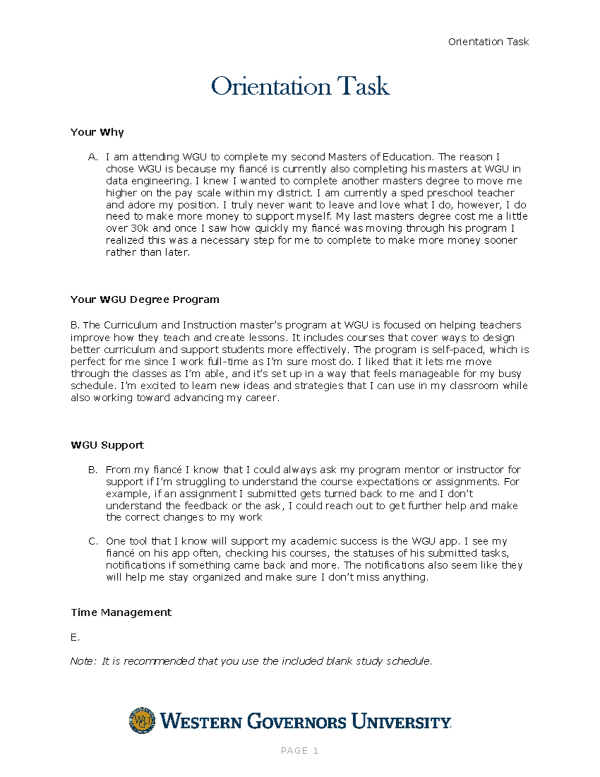 Orientation Task - I am attending WGU to complete my second Masters of ...