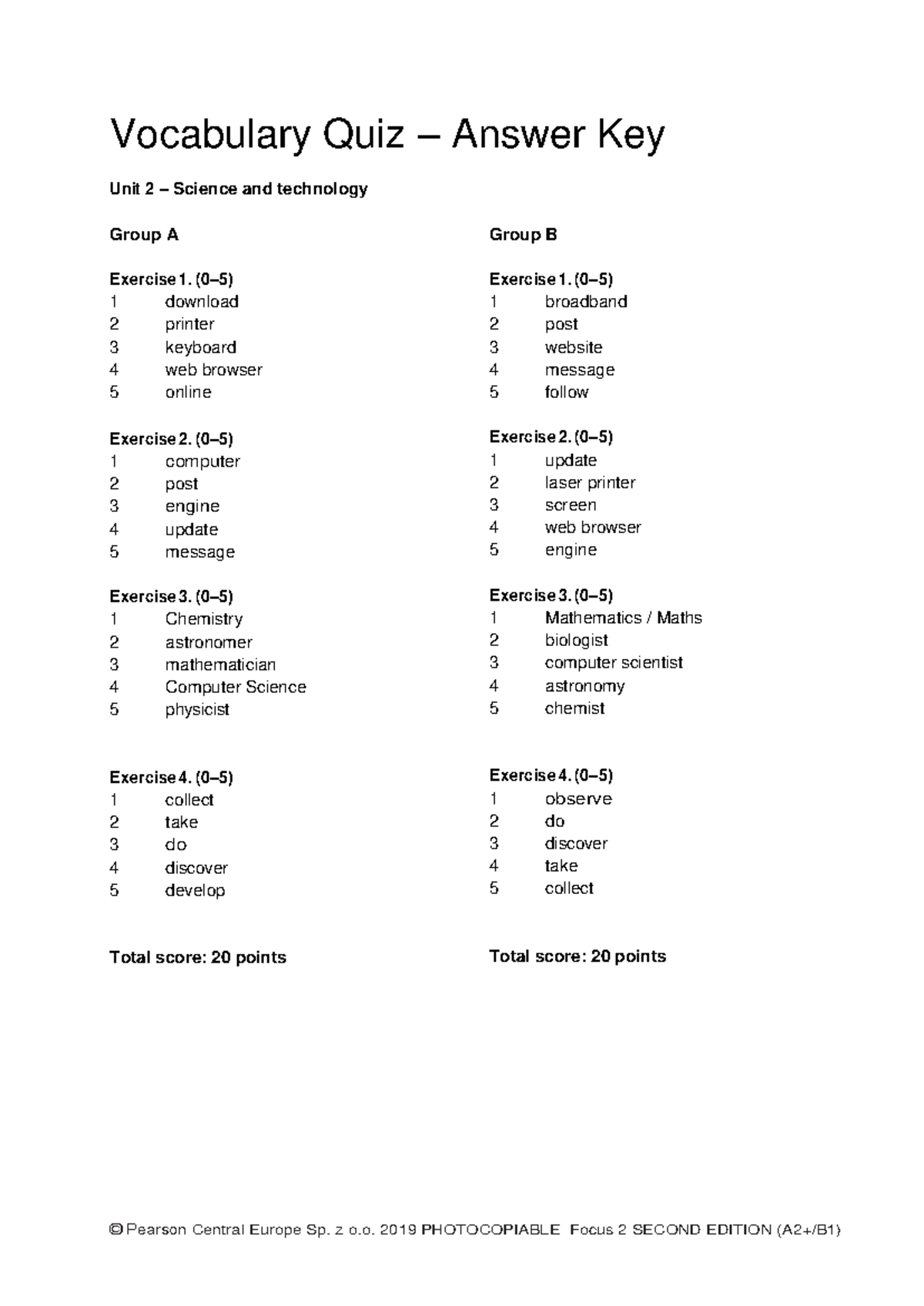 Focus 2 2ed Vocabulary Quiz Unit 2 Answer Key for Groups A & B - Studocu