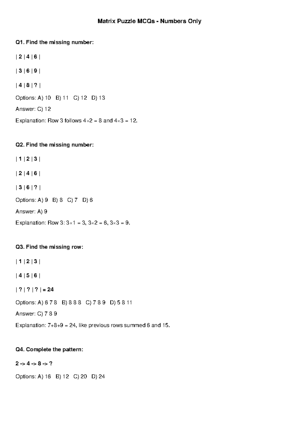 Matrix Puzzle MCQs Numbers Only - Q1 to Q9 Solutions - Studocu