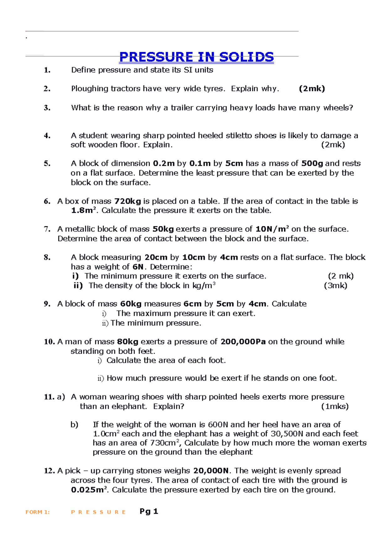 Physics Pressure Questions - Form 1 Revision Notes - Studocu