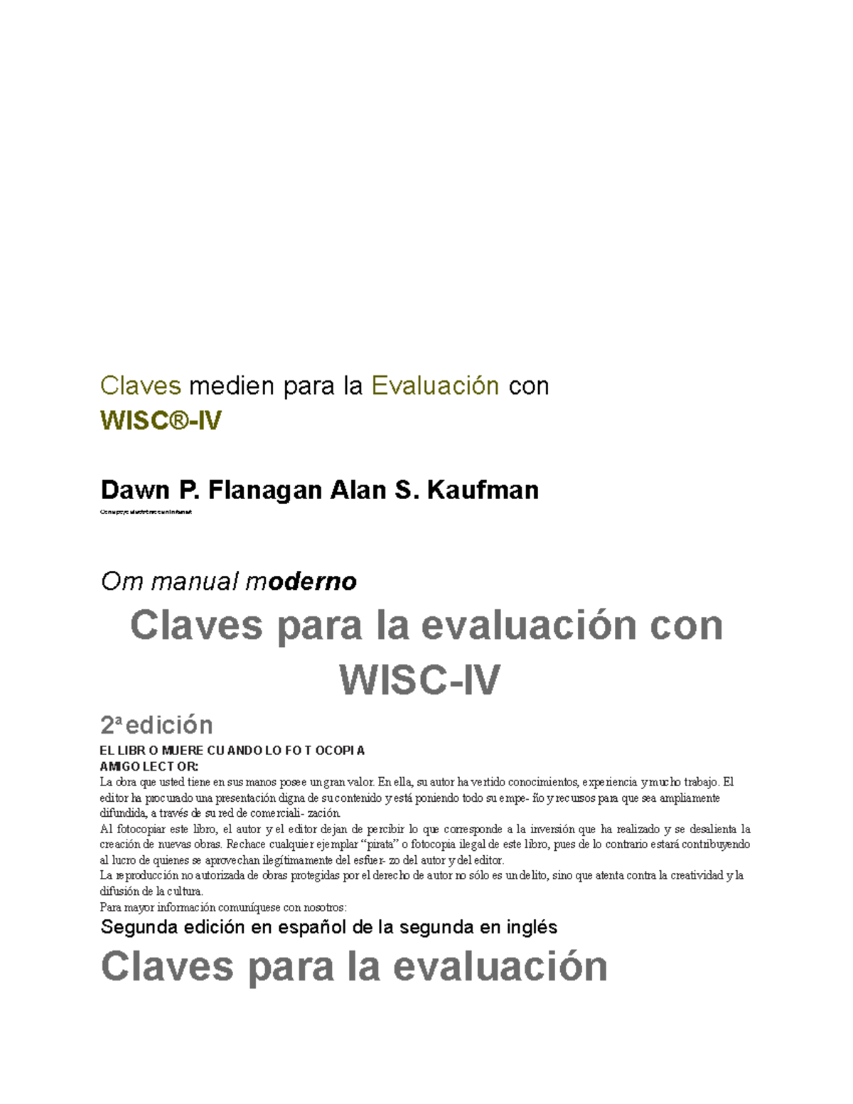 Claves para la Evaluación con WISC-IV, 2a Edición - Flanagan & Kaufman ...