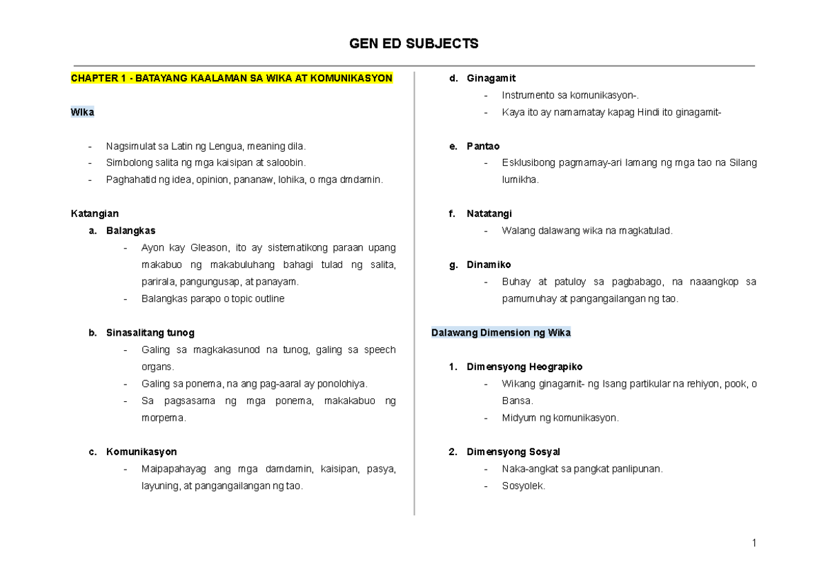 GEN ED SUBJECTS CHAPTER 1: BATAYANG KAALAMAN SA WIKA AT KOMUNIKASYON ...