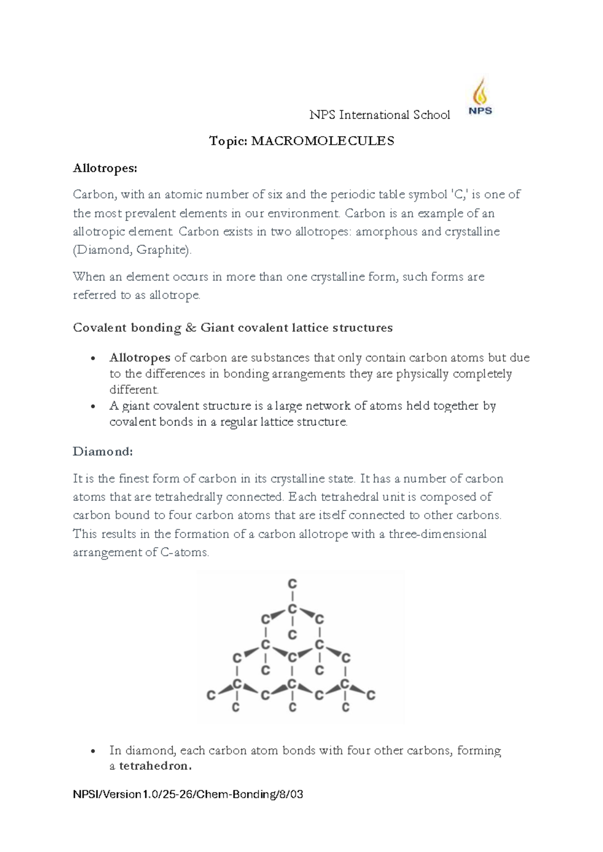 NPS International School: Macromolecules - Allotropes of Carbon - Studocu