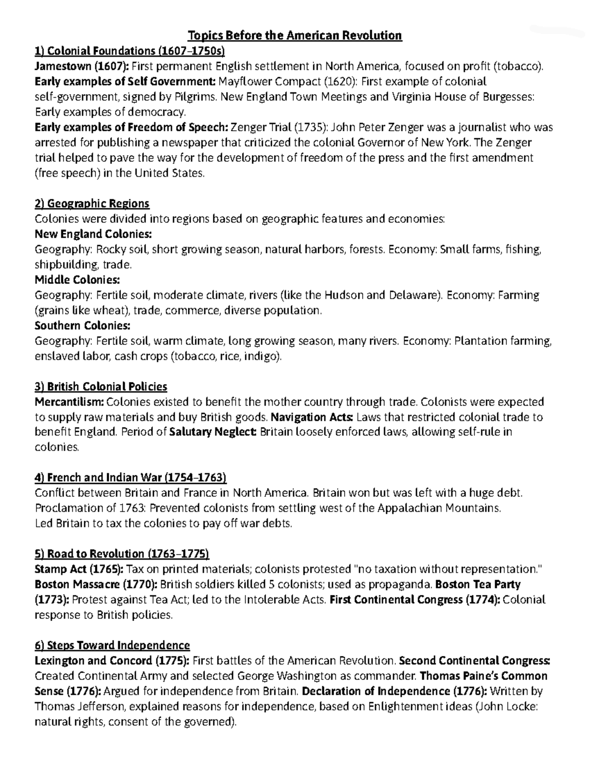 Colonial History Overview: Key Topics Before the Am Rev - Studocu