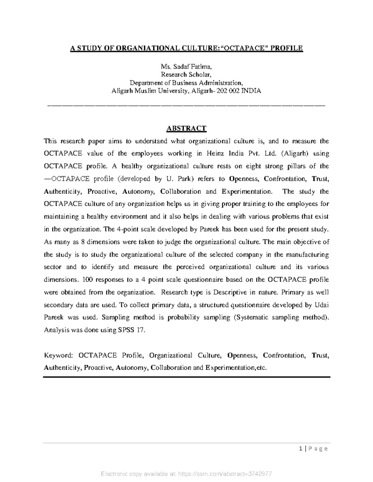 Unit 5 - Organisational Culture Study: Evaluating the “OCTAPACE ...