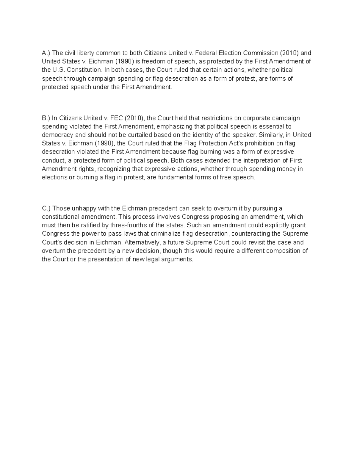 FRQ Scotus Comparison 2 13 - A.) The civil liberty common to both ...