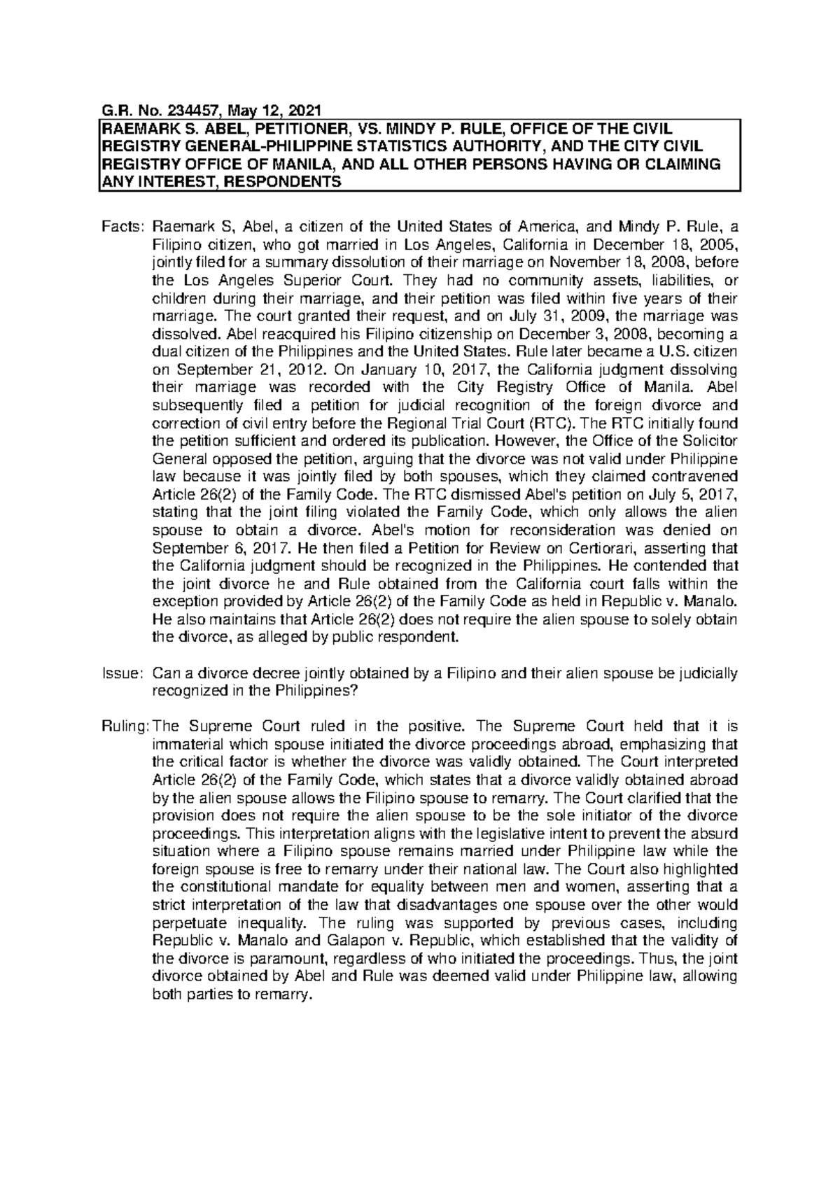 G.R. No. 234457: Discussion on Abel vs. Rule Case and Related ...