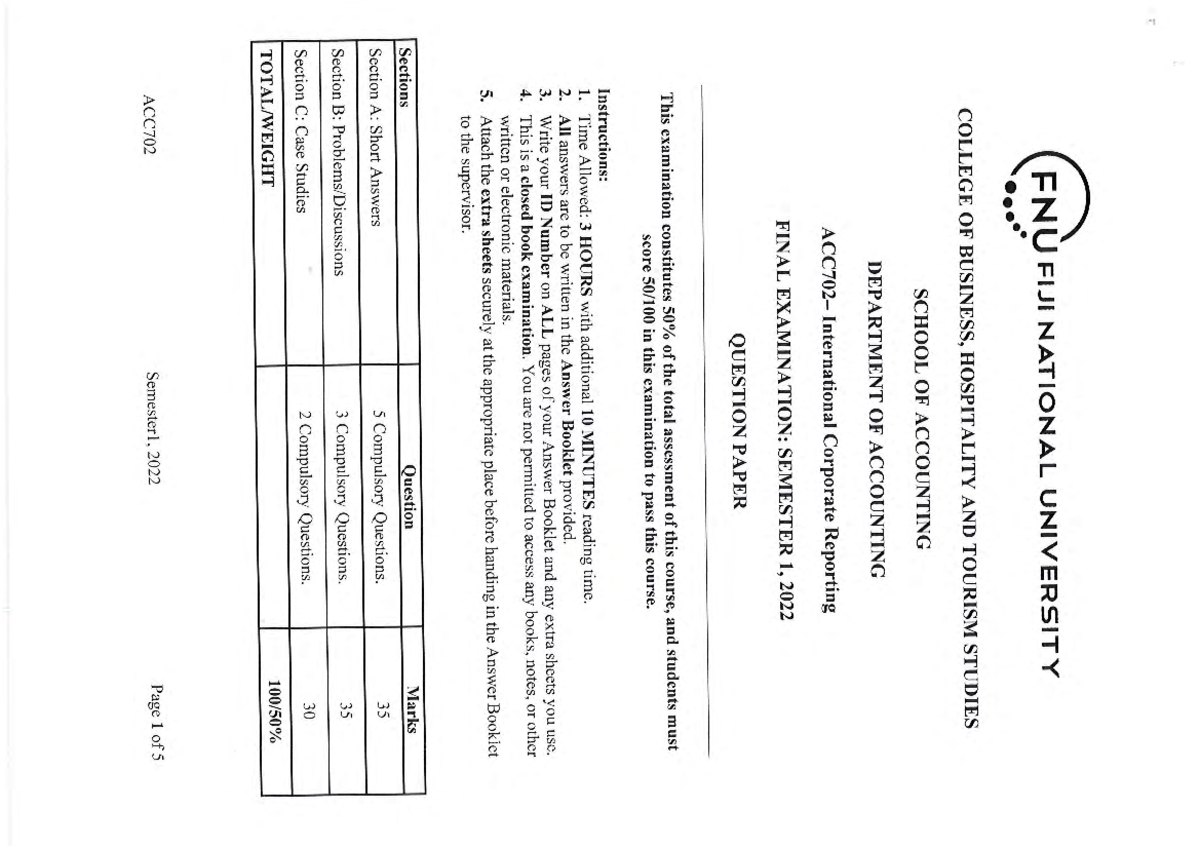 ACC702 International Corporate Reporting Final Exam QP - Semester 1 ...