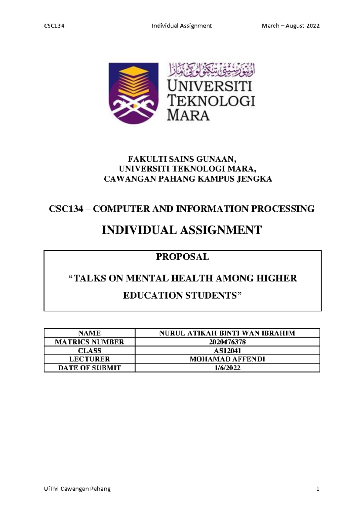 CSC134 Proposal: Talks on Mental Health Among Higher Edu Students - Studocu
