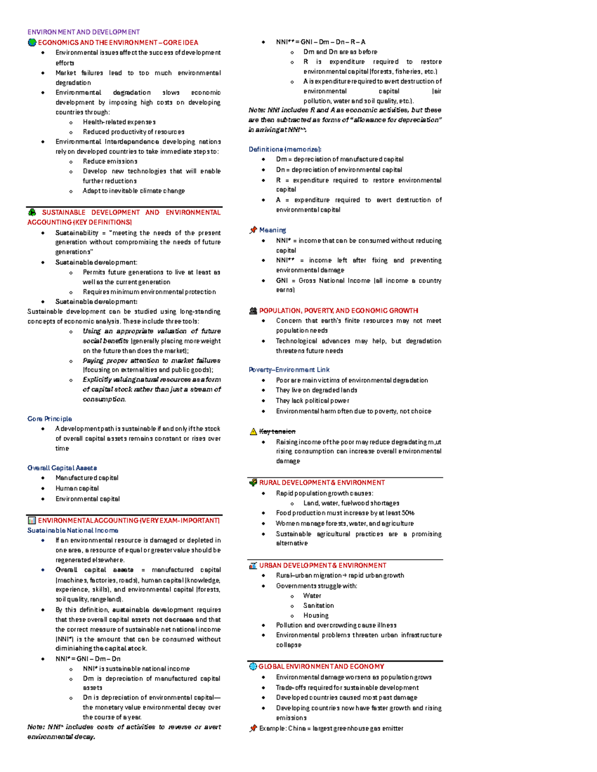 ECON 101 - Final Exam Study Guide on Environment and Development - Studocu