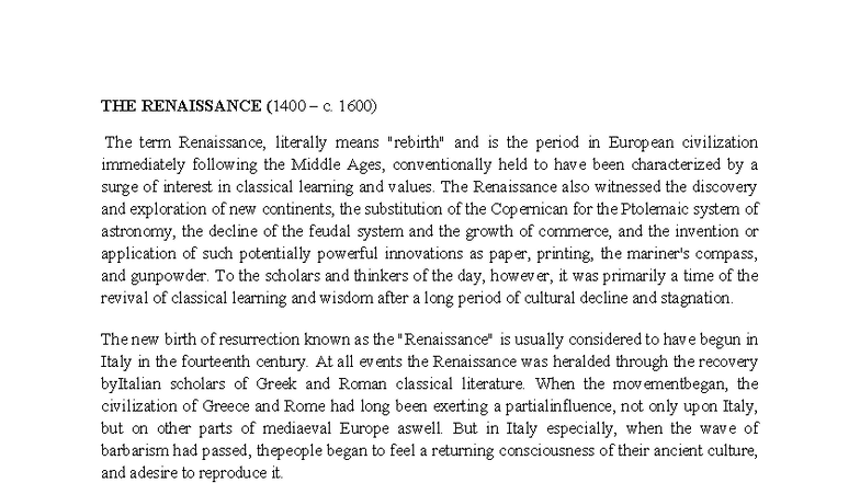 European History: The Renaissance, Reformation, and Enlightenment - Studocu