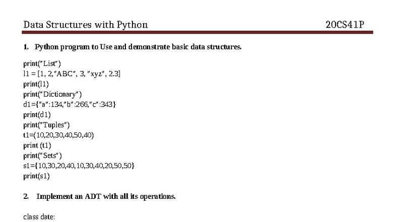 Data Structures with Python - Practical Implementations 20CS41P - Studocu