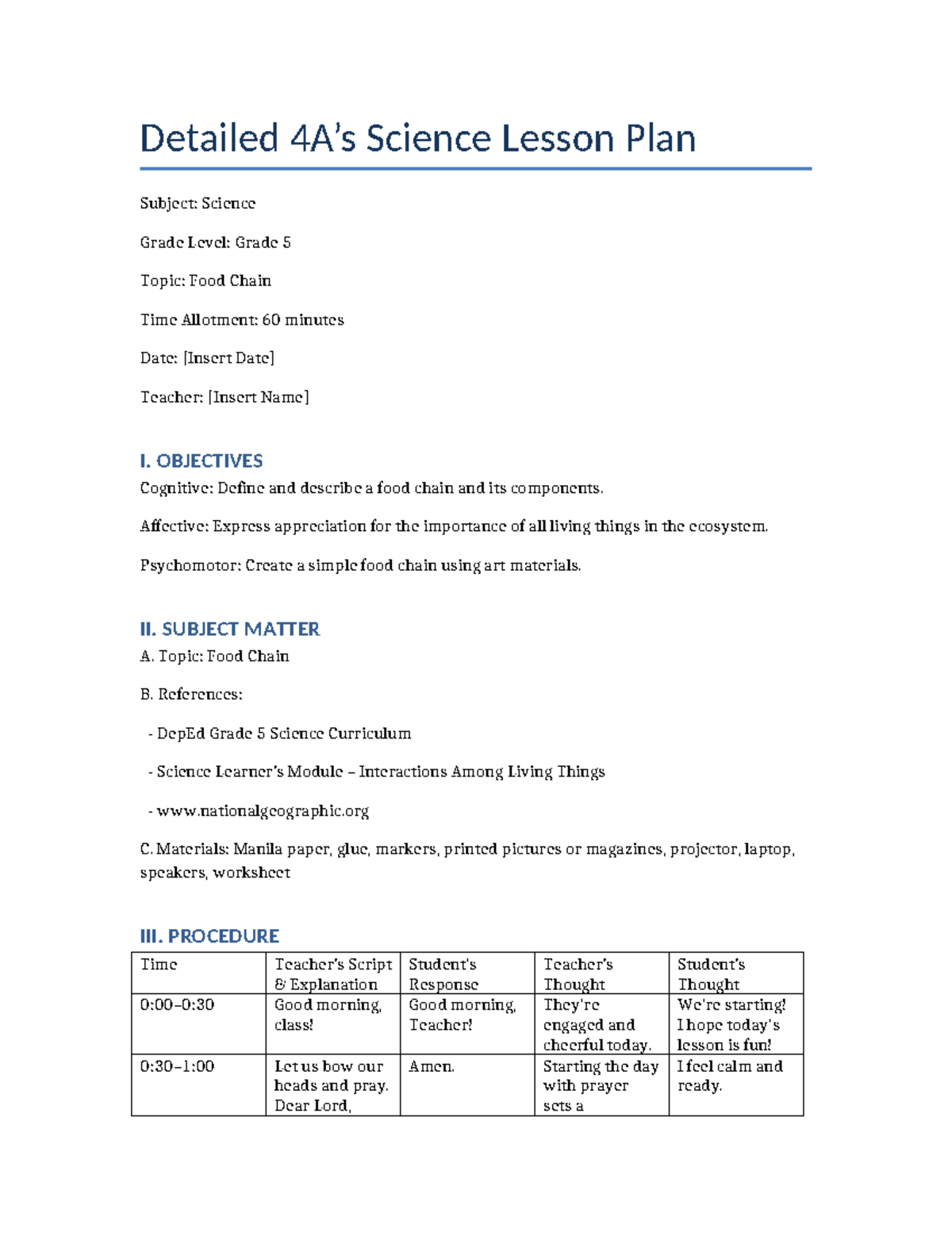 5th Grade Science Lesson Plan: Understanding Food Chains (Food Chain ...