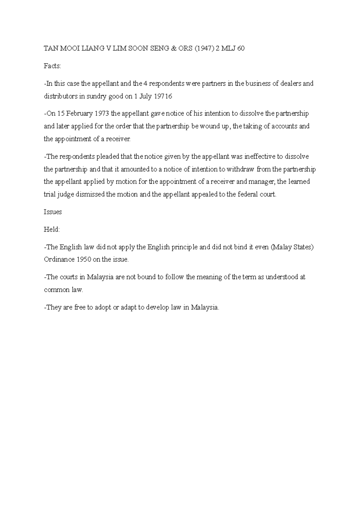 Case Study: TAN MOOI LIANG V LIM SOON SENG & ORS (1947) 2 MLJ 60 ...