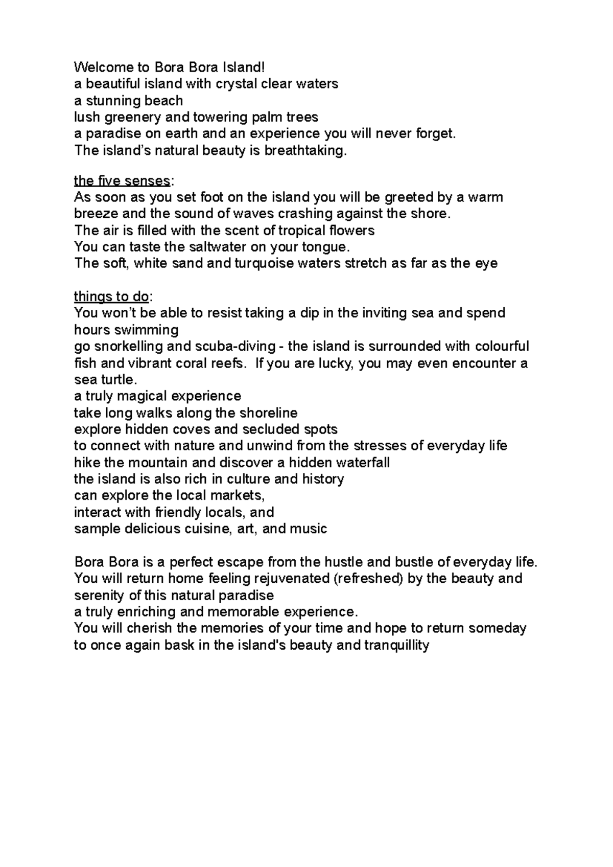 Descriptive Writing: Exploring the Beauty of Bora Bora Island - Studocu