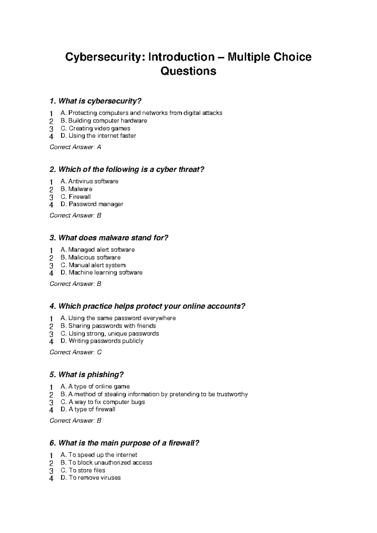 Cybersecurity 101: Introductory MCQs for Students - Studocu