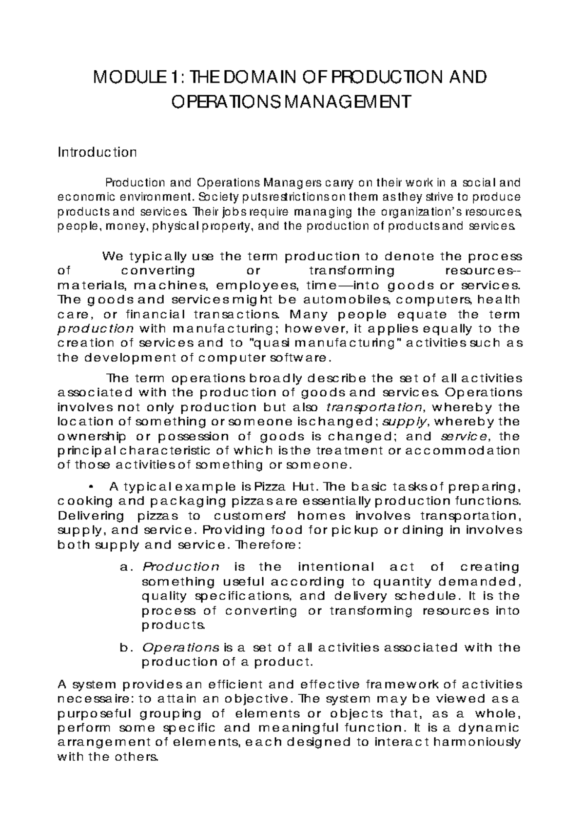 MODULE 1: THE DOMAIN OF PRODUCTION AND OPERATIONS MANAGEMENT - MO DULE ...