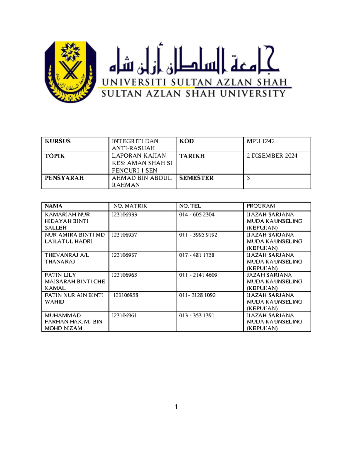 Laporan Kajian Kes KIAR: Aman Shah Si Pencuri 1 Sen (MPU 1242) - Studocu