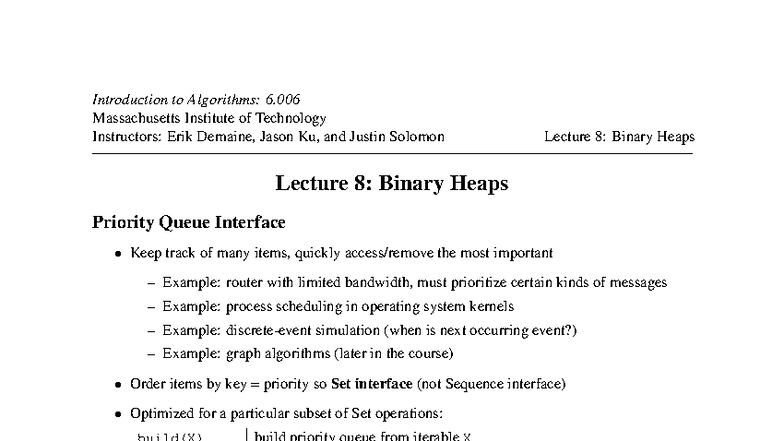 MIT 6.006 Lecture 8: Binary Heaps and Priority Queues - Studocu