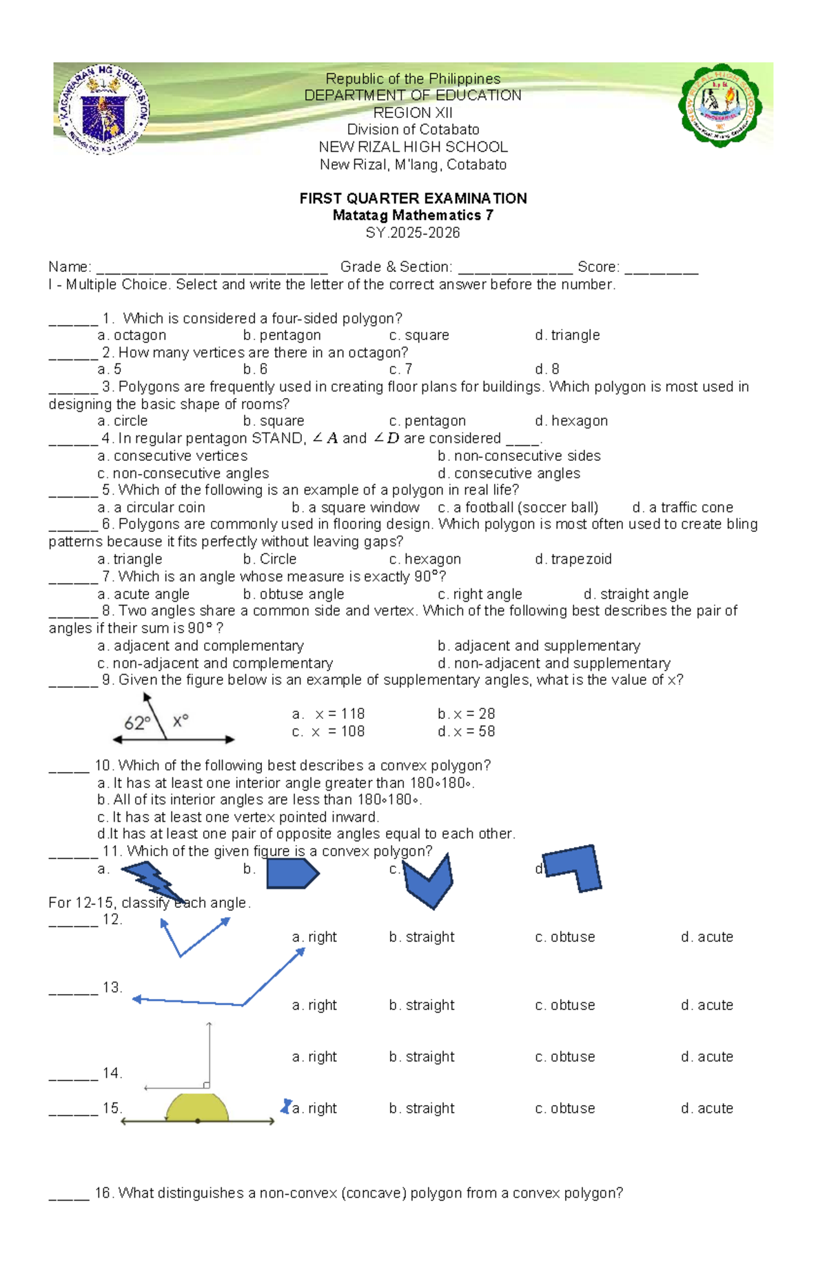 Matatag Math 7: First Quarter Exam Review (MATH 7) - Studocu
