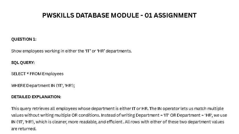 Pwskills Database Module 01 Assignment: SQL Queries & Explanations - Studocu