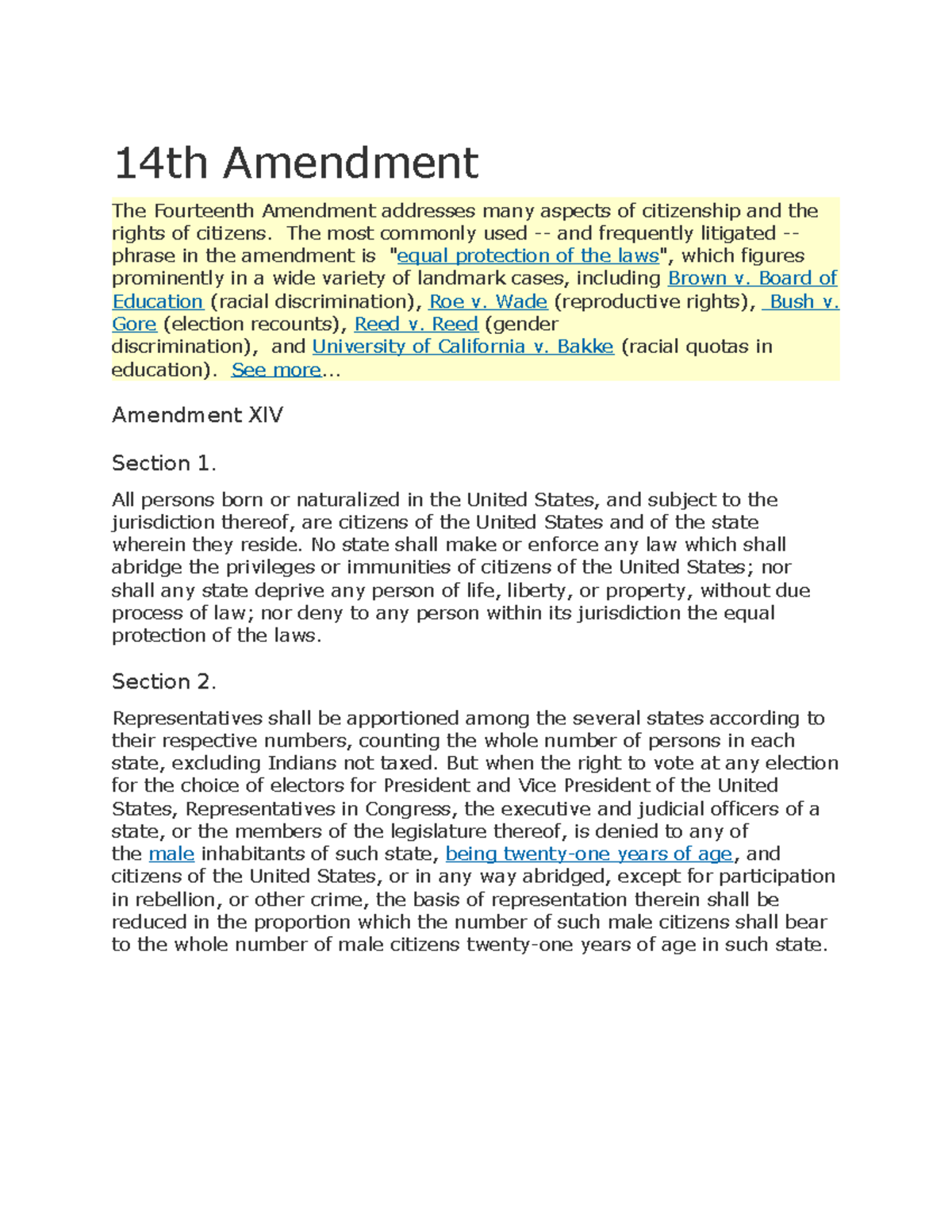 14th Amendment - 14th Amendment The Fourteenth Amendment addresses many ...