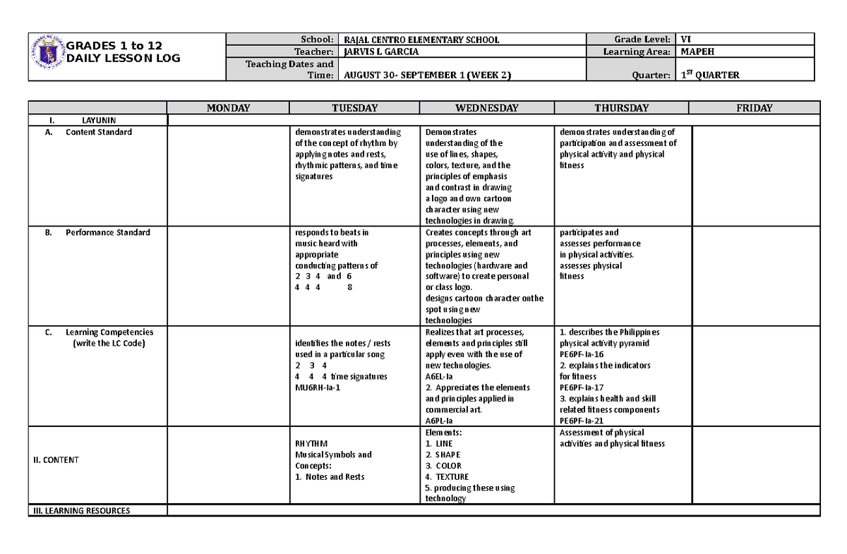 Grade 6 DLL MAPEH 6 Q1 Weekly Lesson Plan for August 30 - Sept 1 - Studocu