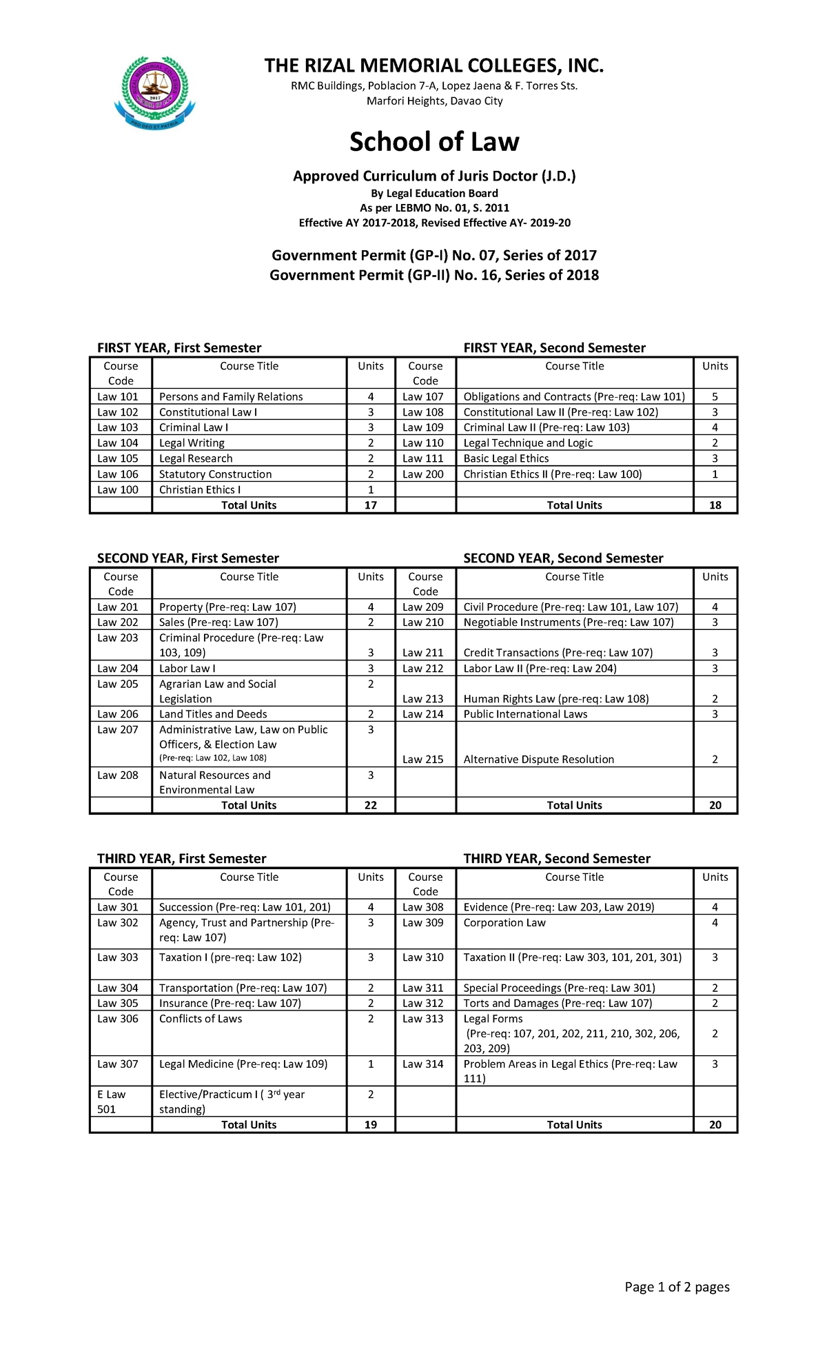 RMC Davao Law School Approved Curriculum - Juris Doctor Program - Studocu