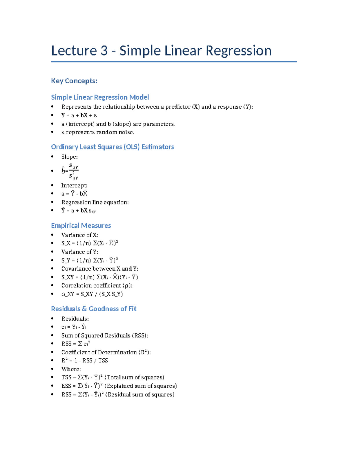 Lecture 3: Key Concepts in Simple Linear Regression - Studocu