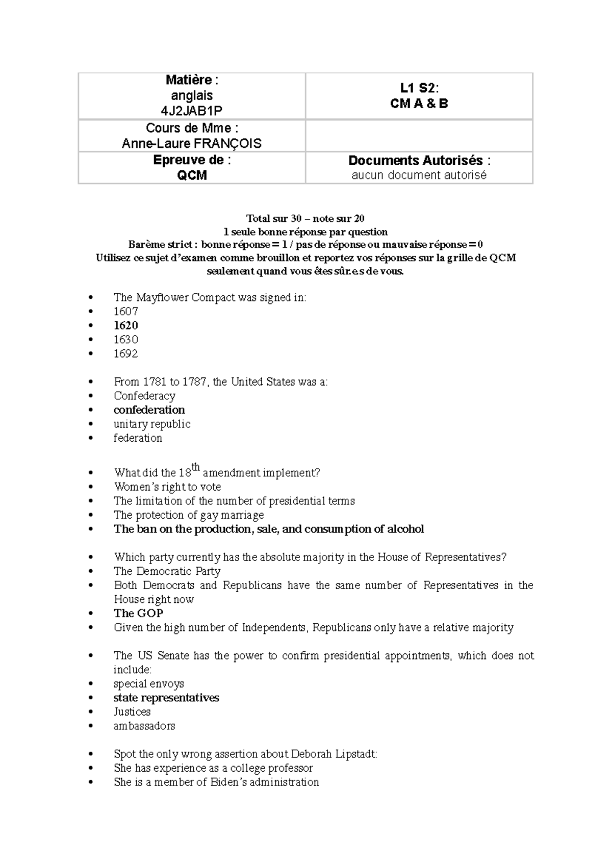 QCM Anglais 4J2JAB1P - Epreuve de QCM L1 S2: CM A B - Studocu