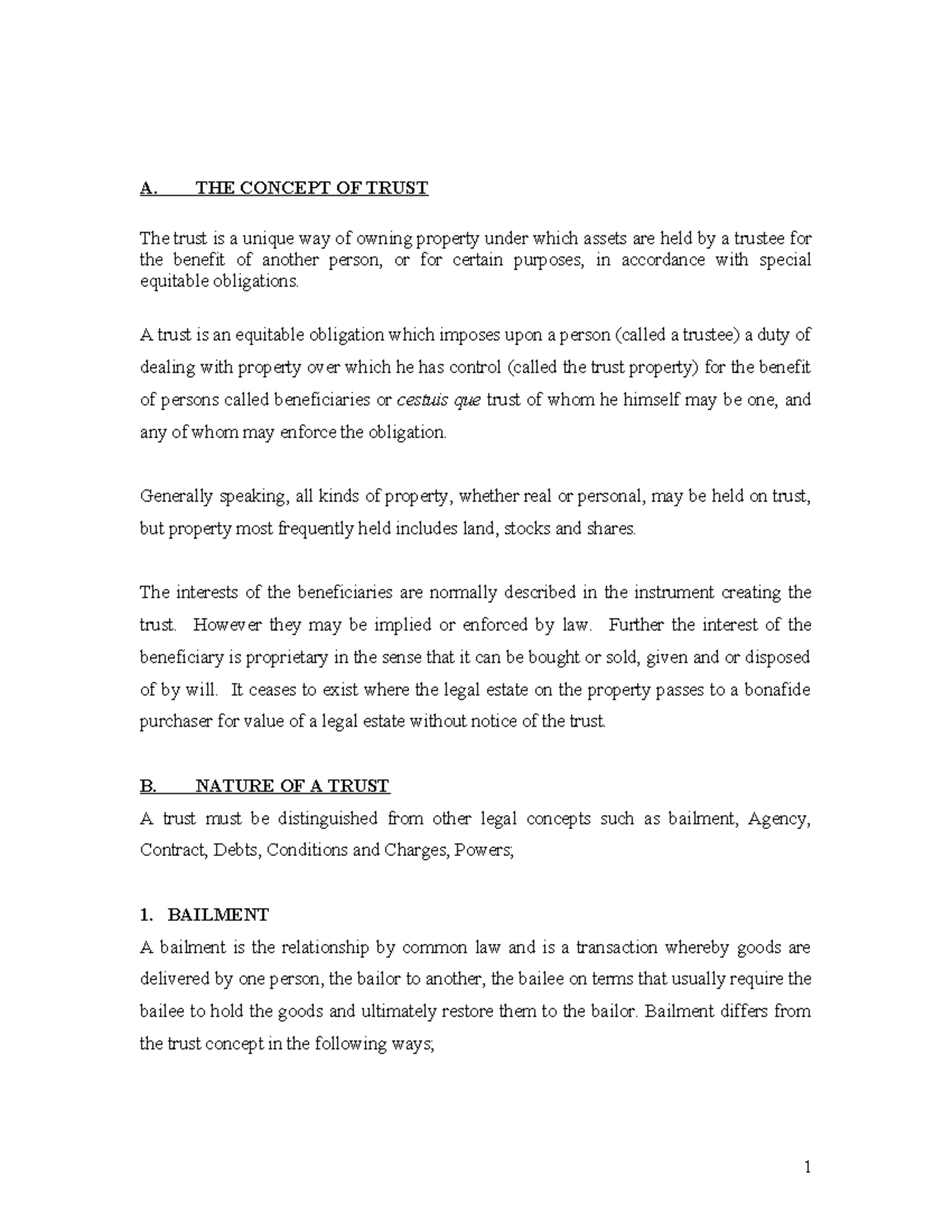 Concept of Trust - Legal Framework and Classifications (LAW 101) - Studocu