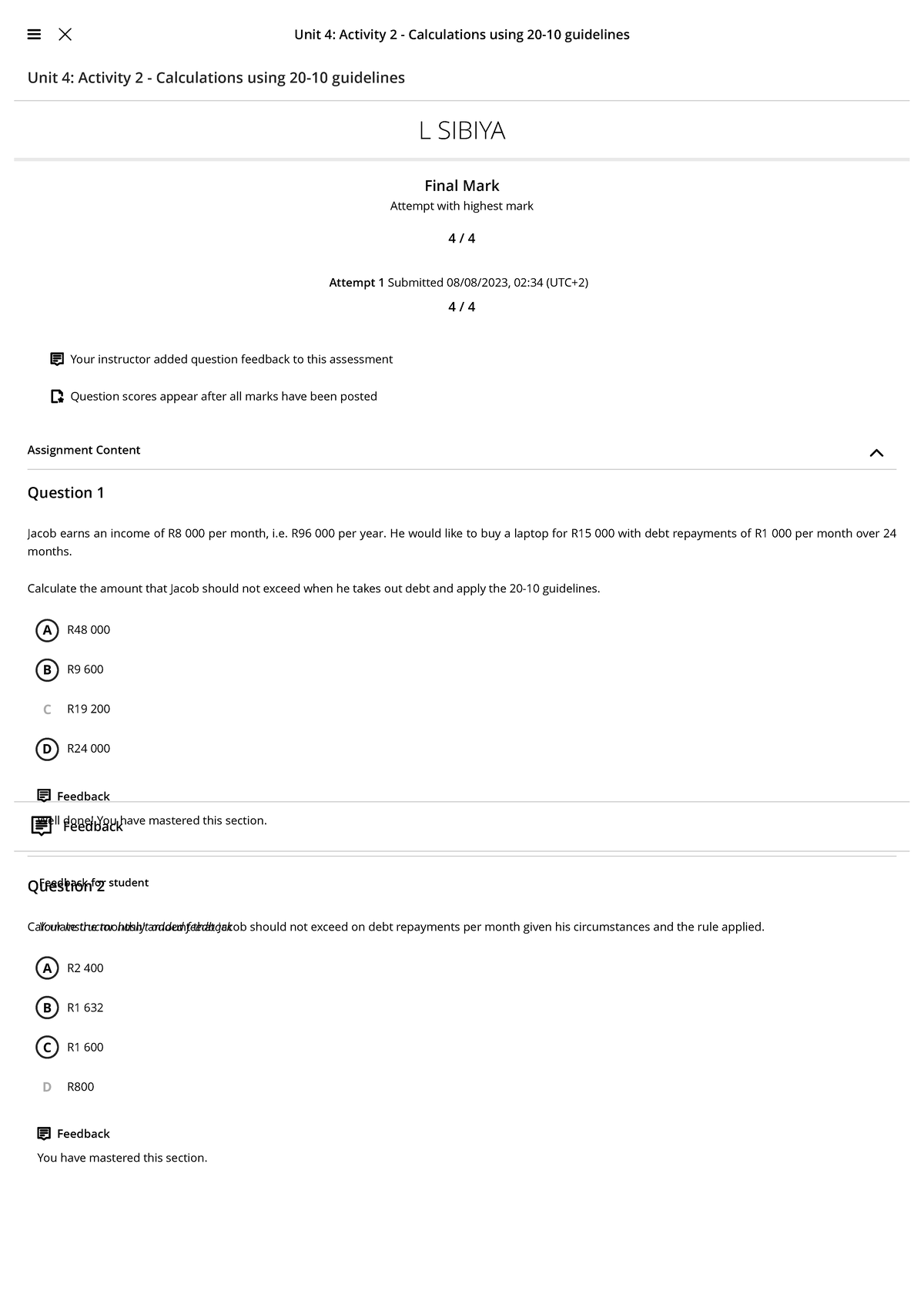 Unit 4: Activity 2 - Debt Calculation Guidelines and Feedback - Studocu
