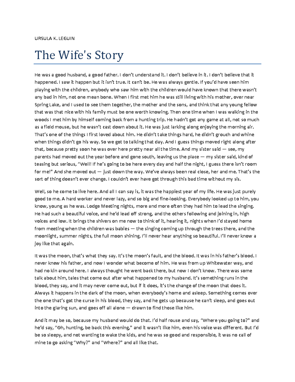 **ENG 101: Essay Notes on Ursula K. Le Guin's "The Wife's Story ...